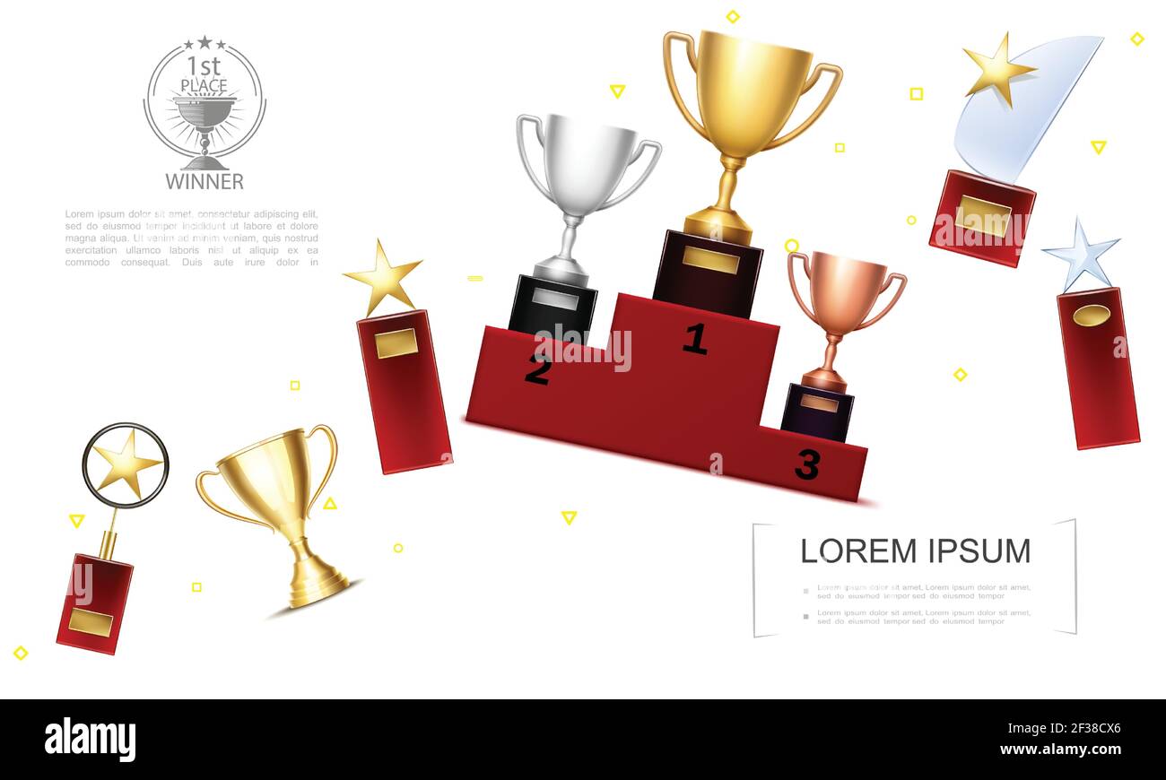 Realistic trophies colorful template with gold silver bronze cups on ...