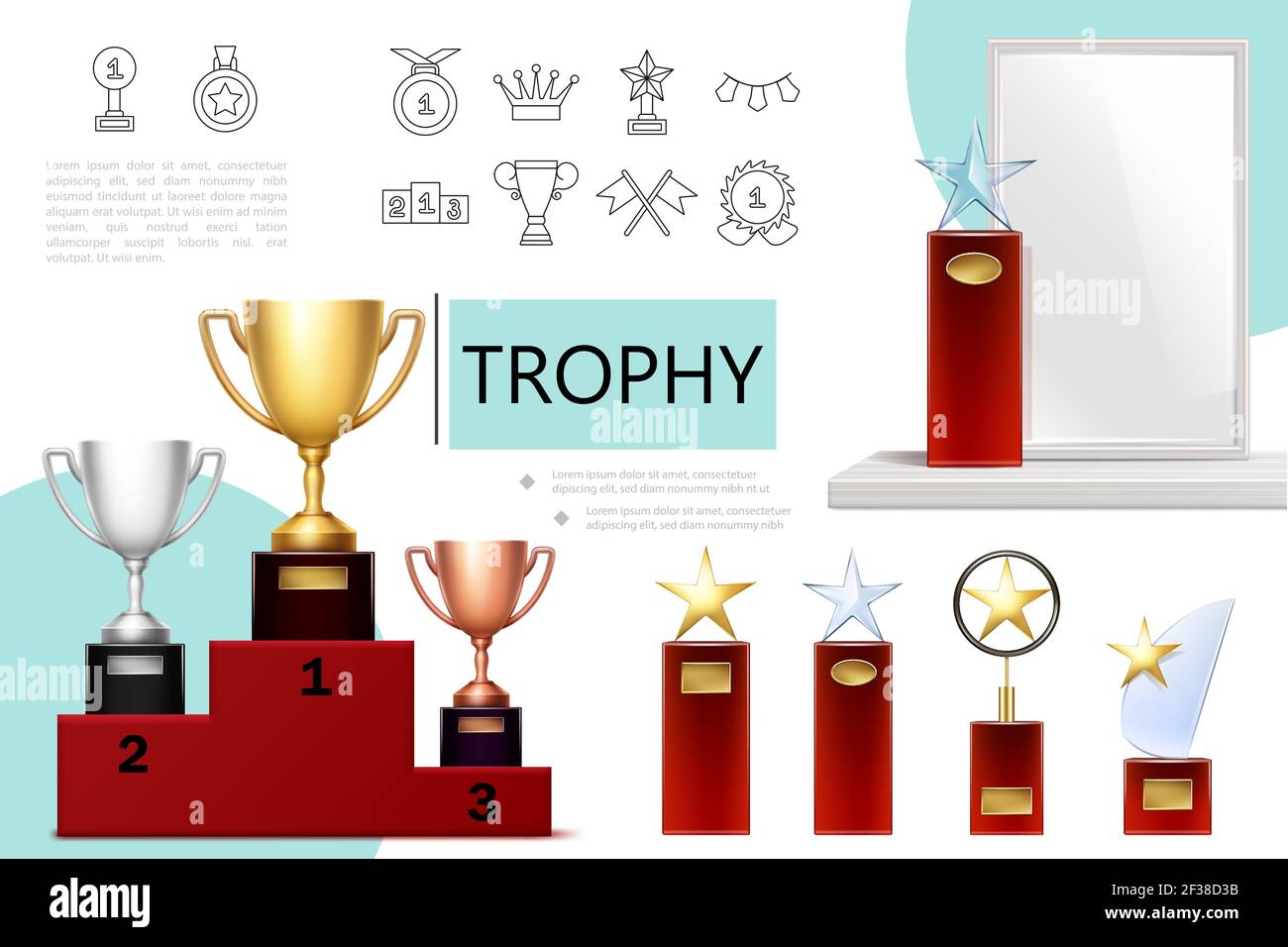 Realistic trophies composition with gold silver bronze cups on pedestal ...