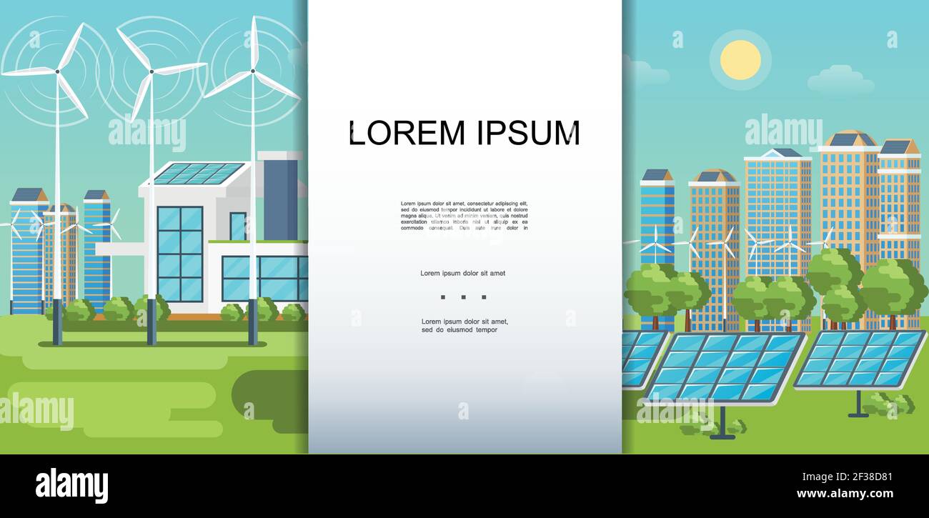 Flat eco city colorful template with modern buildings ecology houses ...