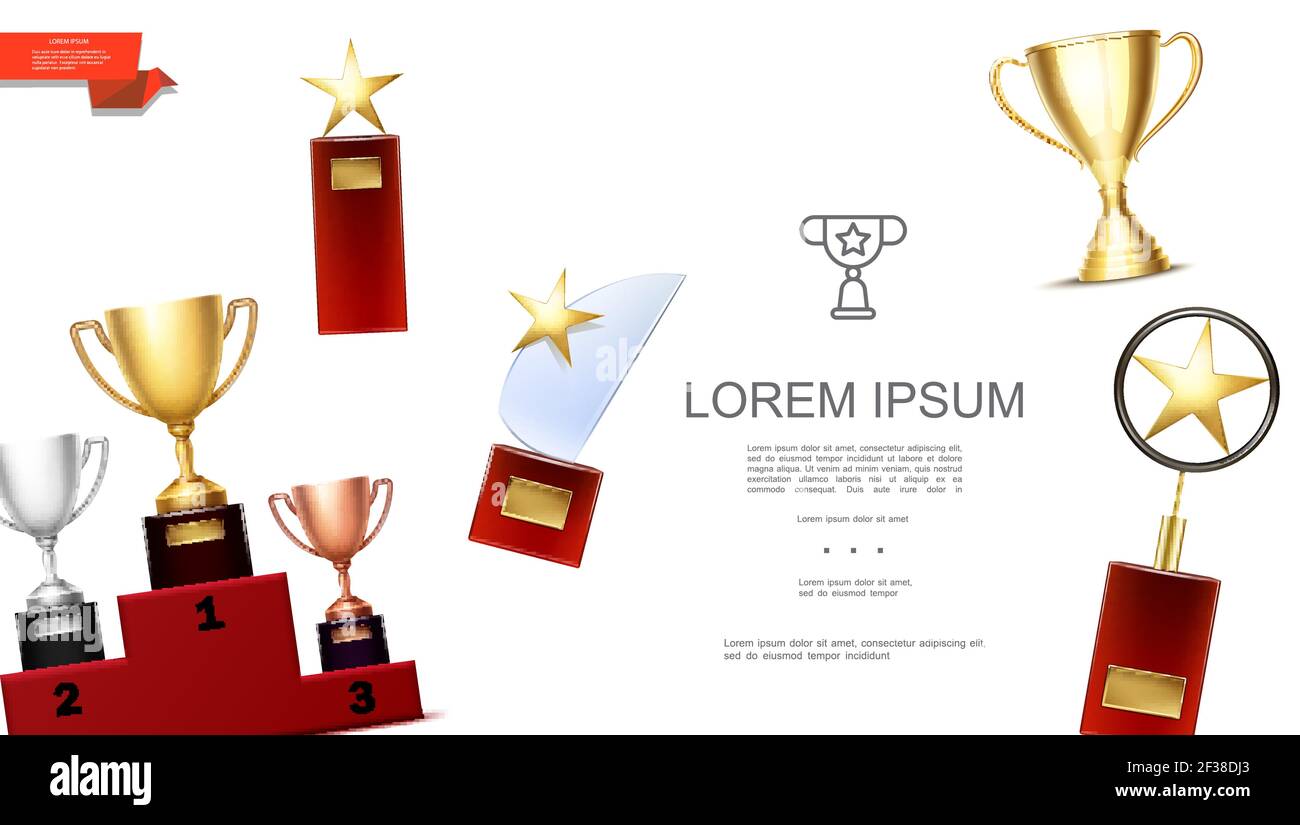 Realistic prizes and awards template with gold silver bronze cups on ...