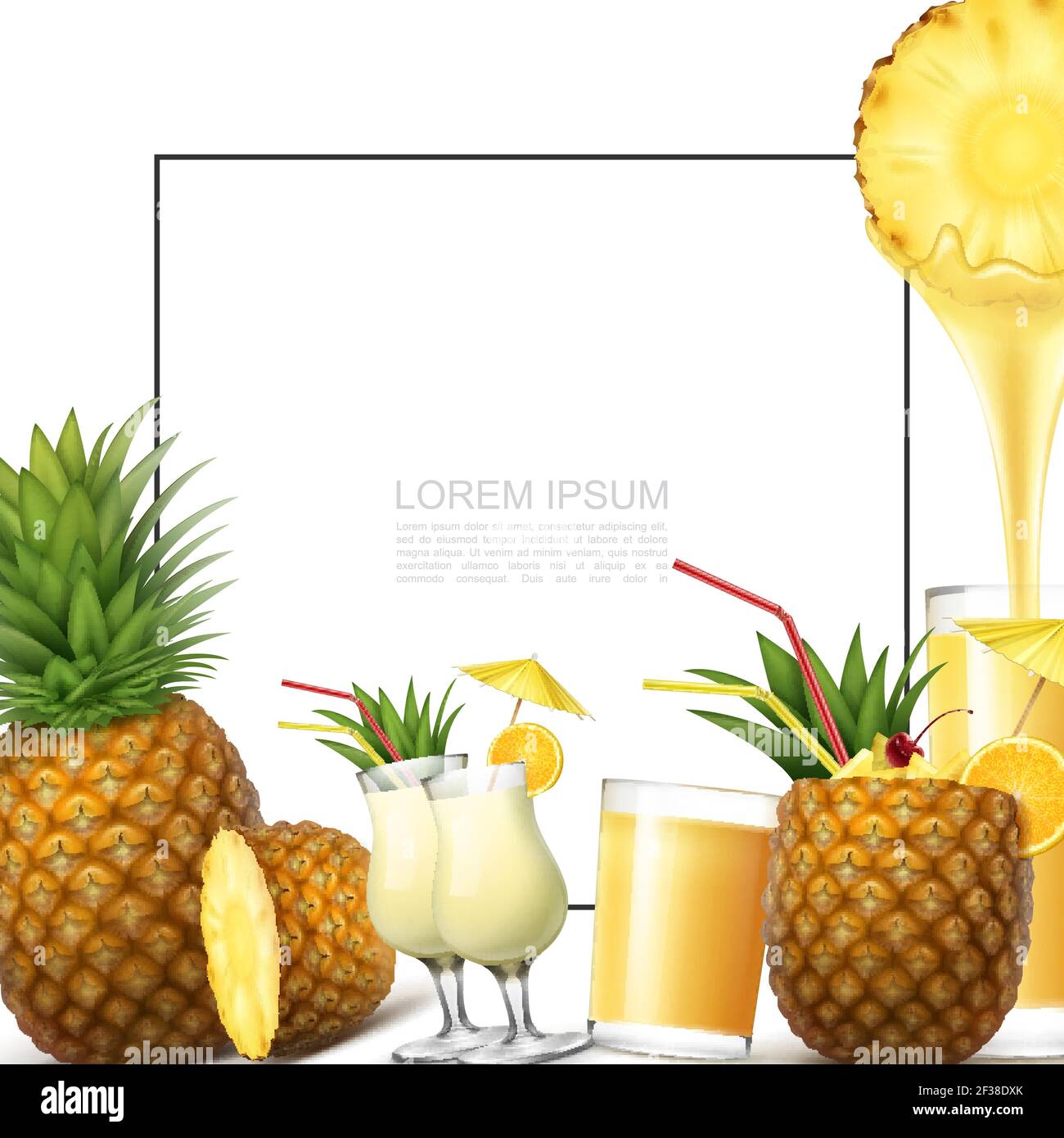 Realistic fresh pineapple fruit template with frame for text pina ...