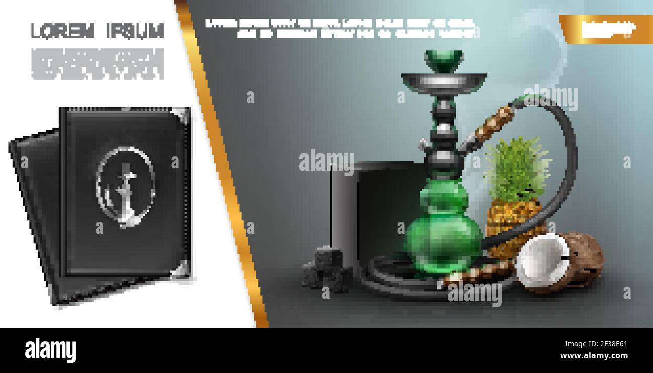 Realistic hookah lounge elements concept with shisha charcoal box and ...