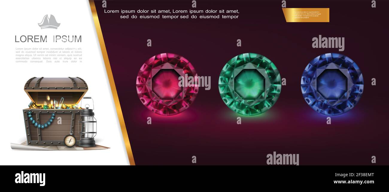Realistic sea treasures concept with colorful precious stones lantern ...