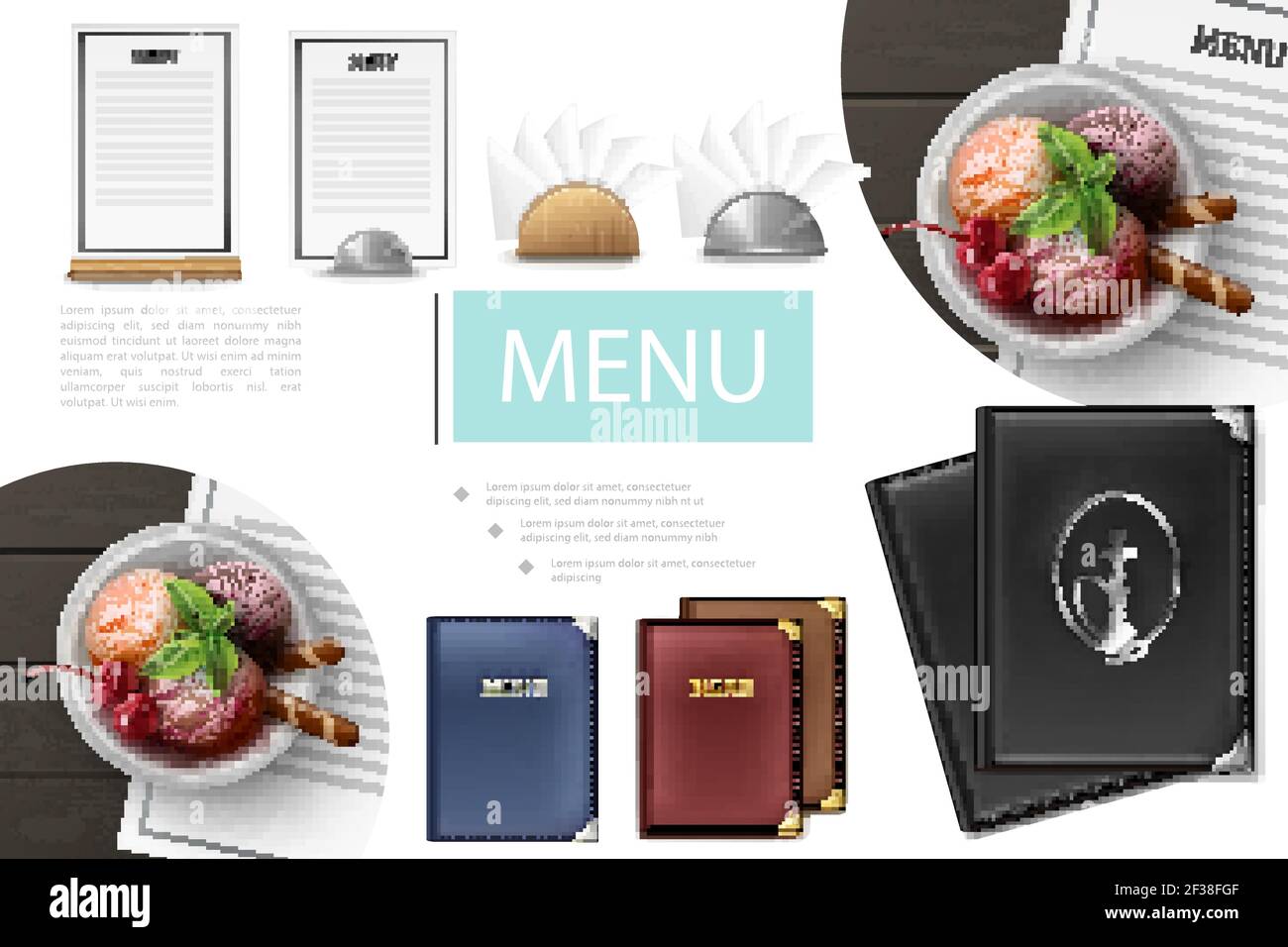 Realistic cafe menu composition with menu covers cards plate of ice ...