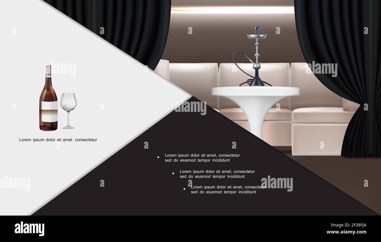 Realistic hookah lounge bar interior composition with shisha standing ...