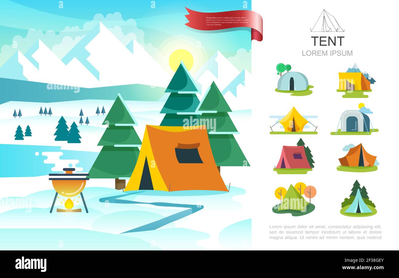 Flat winter camping concept with barbecue grill near tourist tent on ...