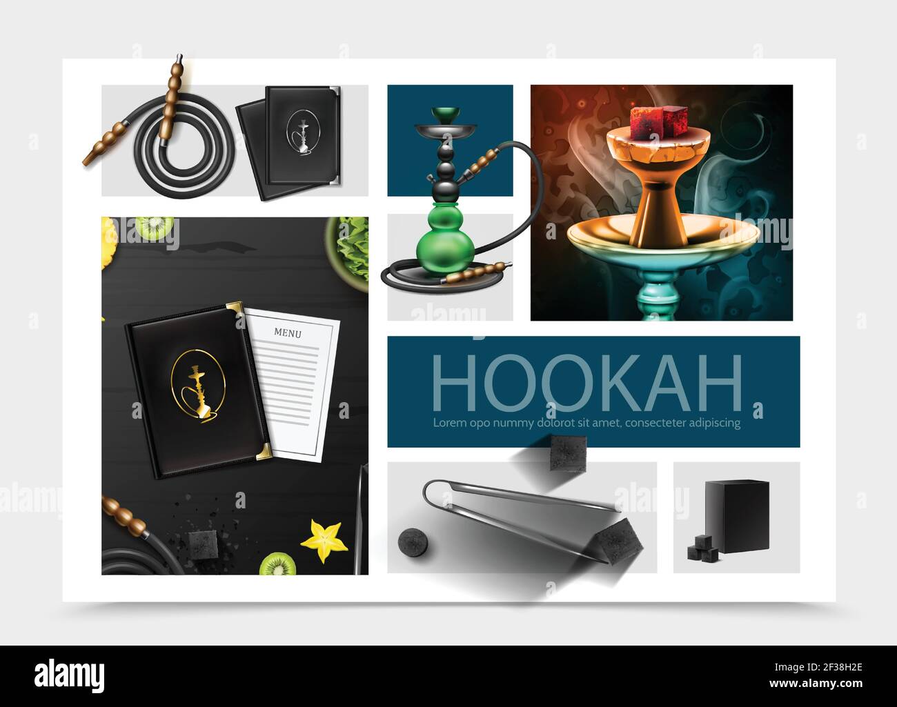 Realistic hookah bar composition with menu cover and card shisha hose ...