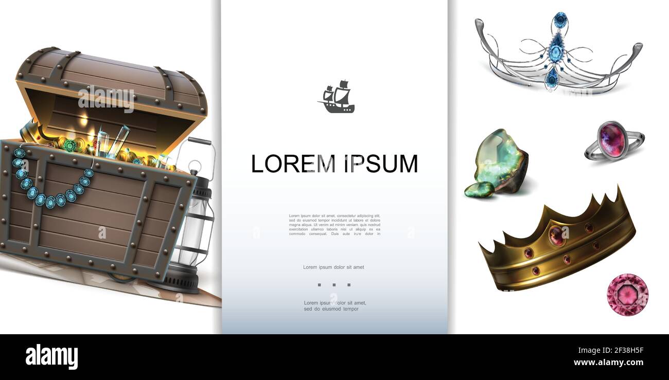 Colorful realistic pirate treasures template with place for text ...