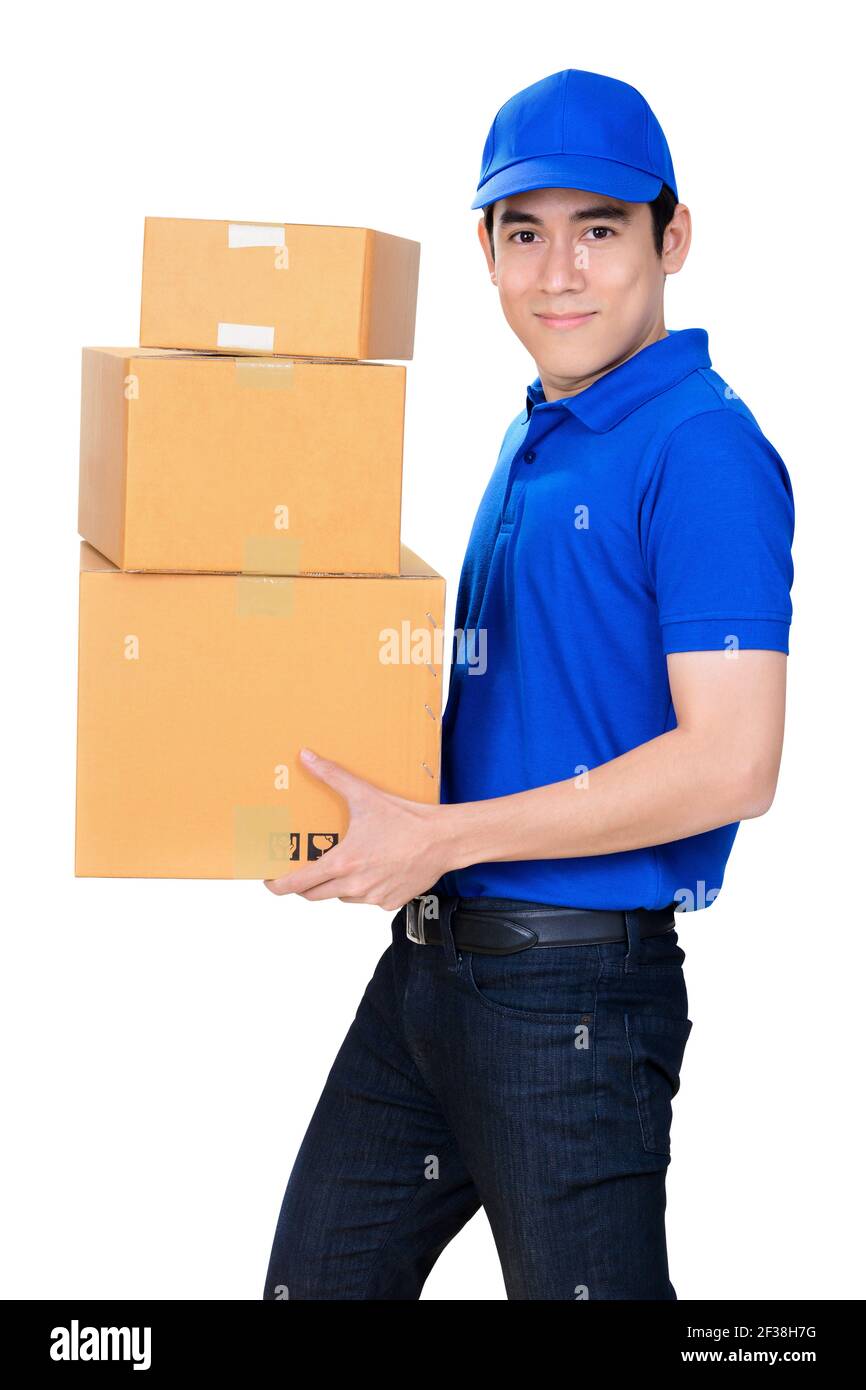 Smiling friendly delivery man carrying parcel boxes on white background ...