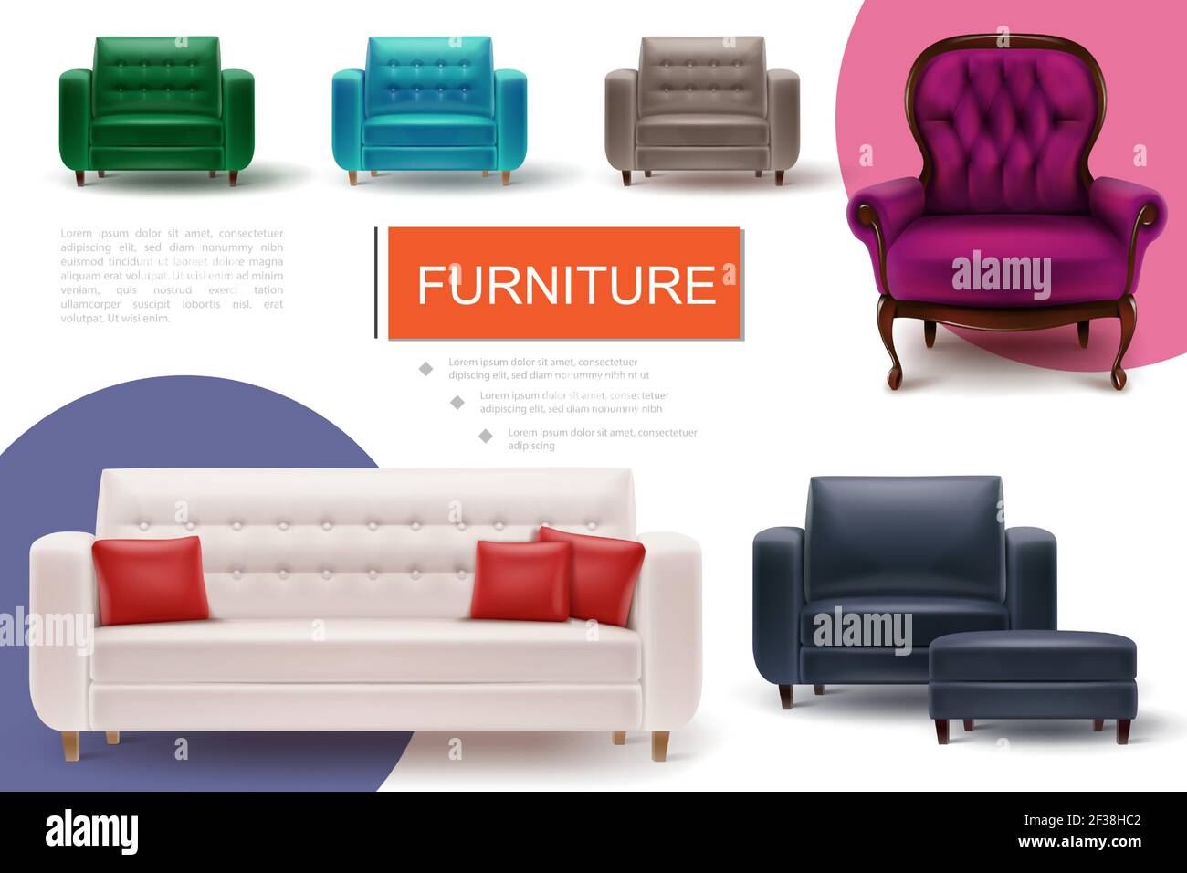 Realistic furniture elements composition with text soft colorful ...