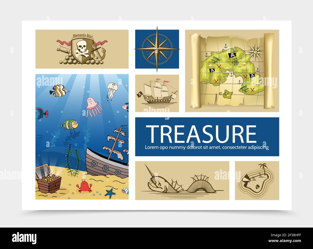 Hand drawn treasure composition with skull and crossbones sign old ...
