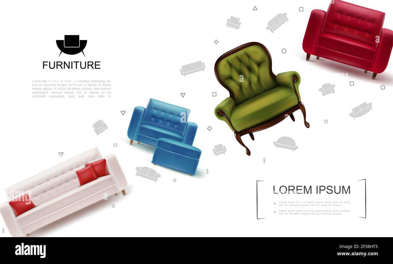 Realistic home furniture objects template with armchairs soft tabourets ...