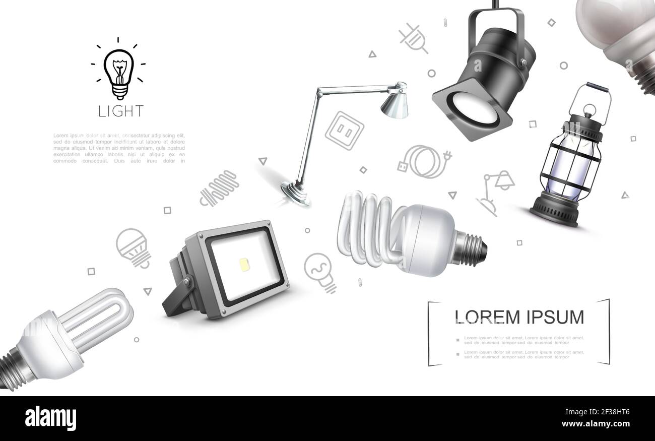 Realistic lighting equipment concept with spotlights lamp lantern led ...