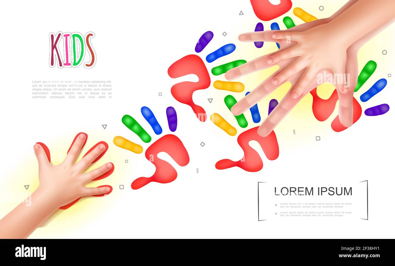 Light kids hands concept with realistic mother and baby hands and ...