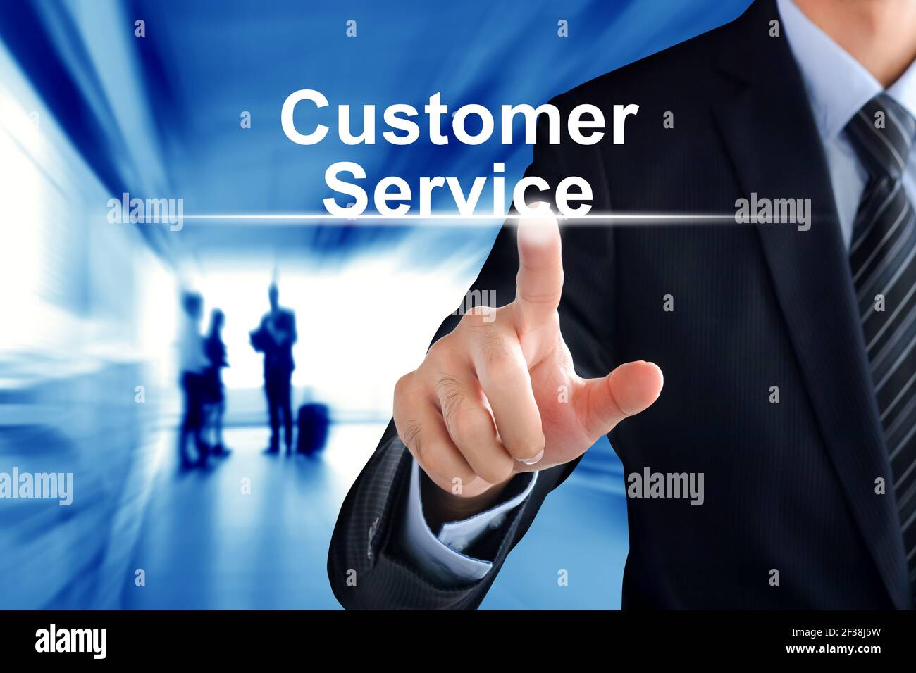 Businessman hand touching Customer Service sign on virtual screen Stock ...