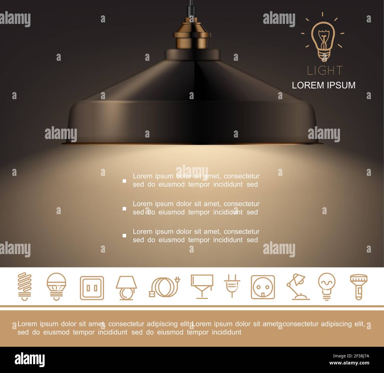 Realistic shining lamp template with text and lighting equipment linear ...