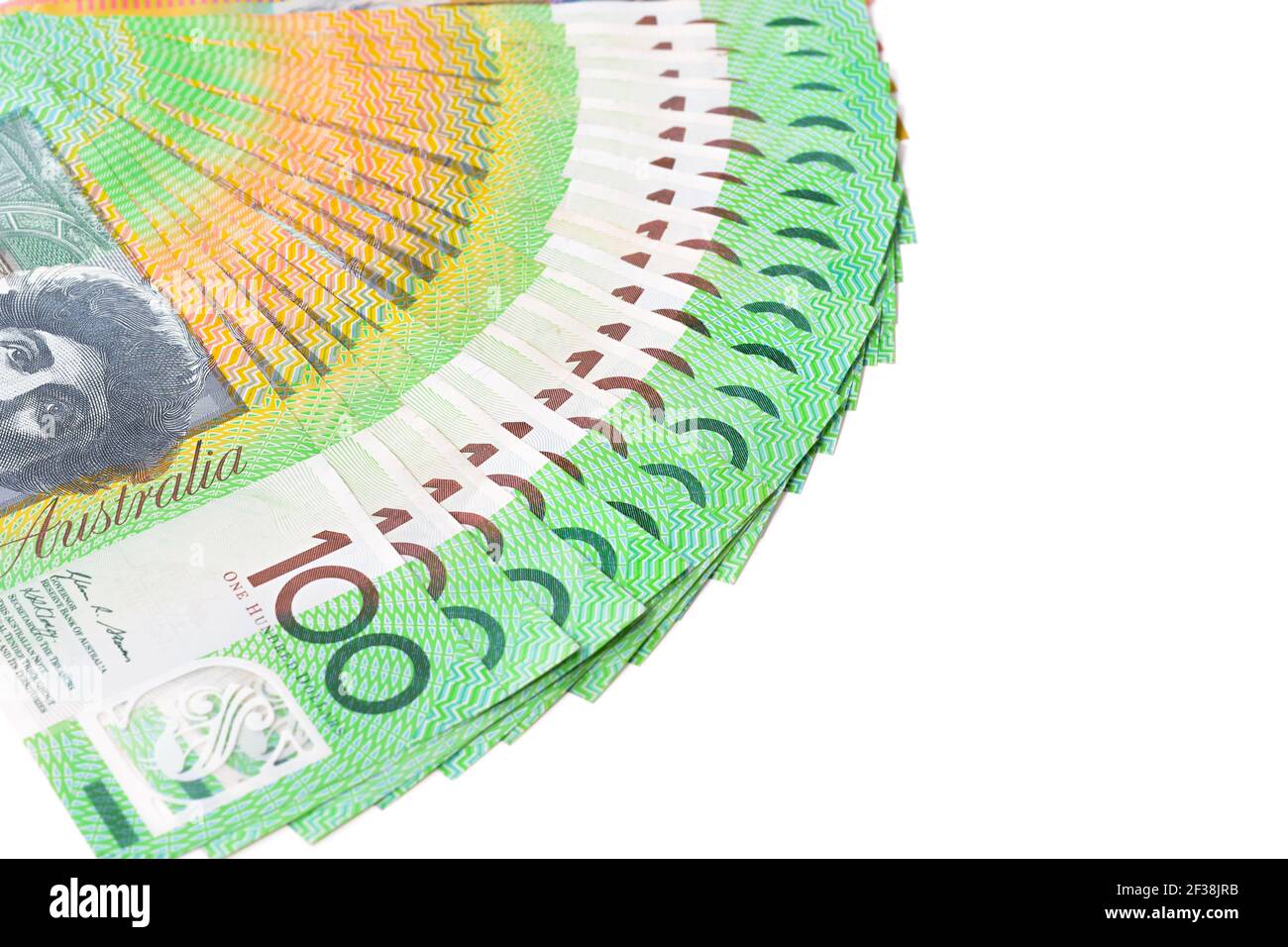 Money, one hundred Australian dollar (AUD) banknotes, spread out on ...