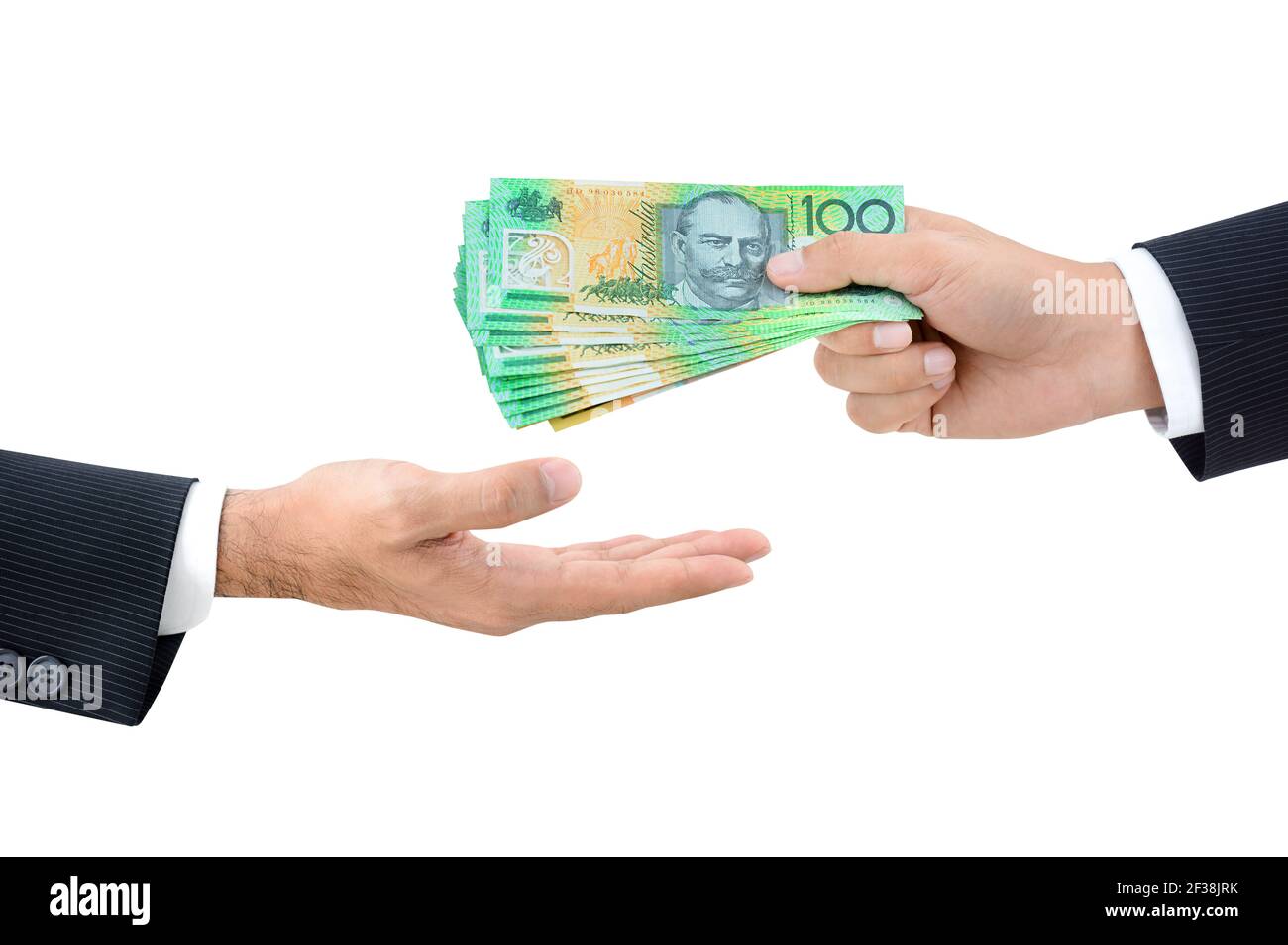 Businessman hands passing money, Australian dollar (AUD) banknotes ...
