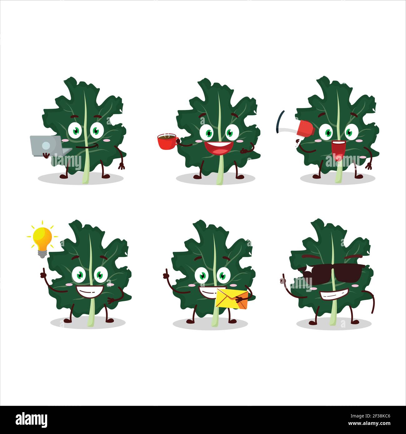 Kale cartoon character with various types of business emoticons. Vector ...