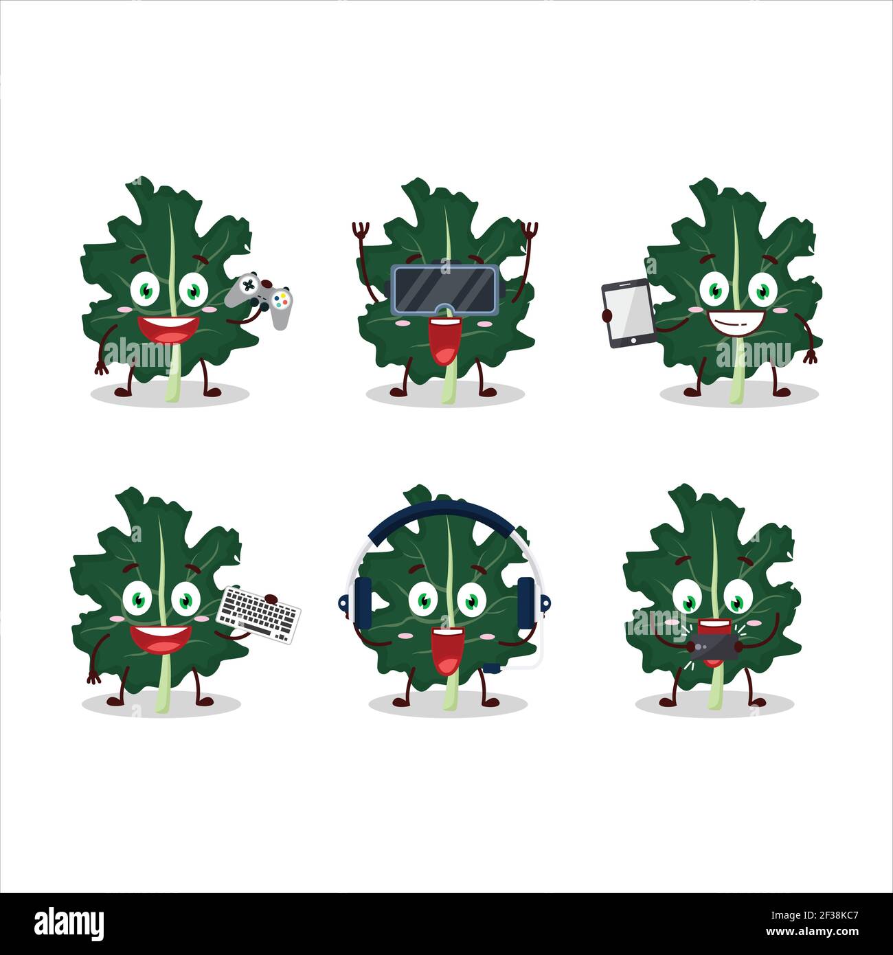 Kale cartoon character are playing games with various cute emoticons ...