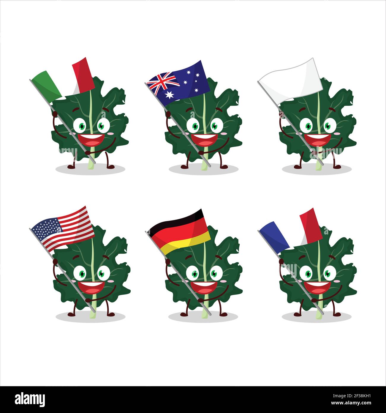 Kale cartoon character bring the flags of various countries. Vector ...