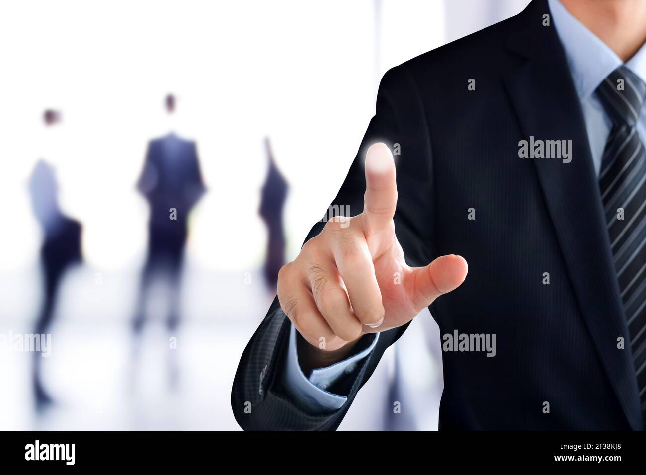 Businessman hand pointing on empty virtual screen, modern business user ...