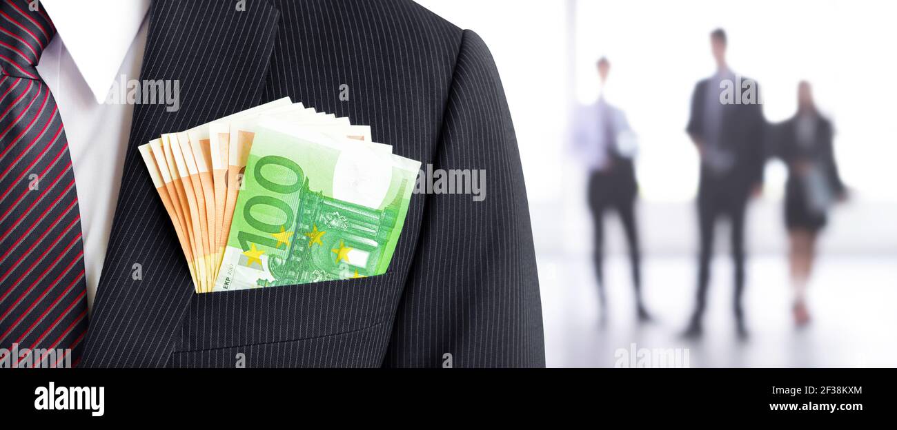 Money, Euro currency (EUR) banknotes, in businessman suit pocket on ...