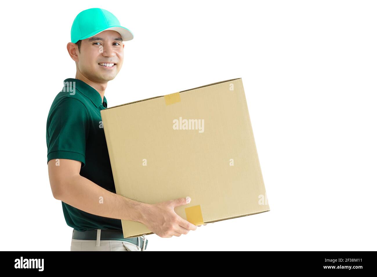 Deliveryman carrying a cardboard box Stock Photo - Alamy