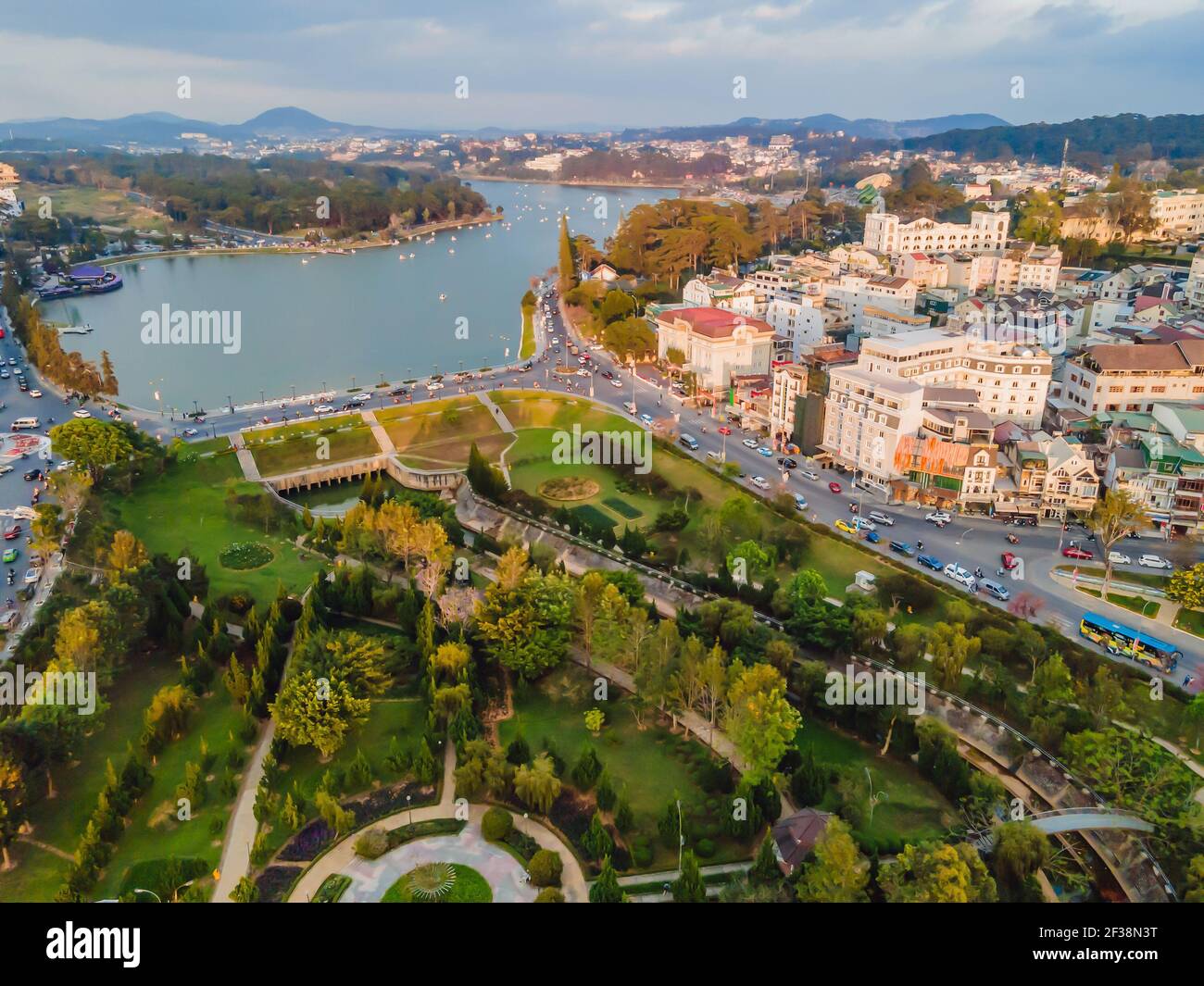 Aerial view of Dalat city. The city is located on the Langbian Plateau ...