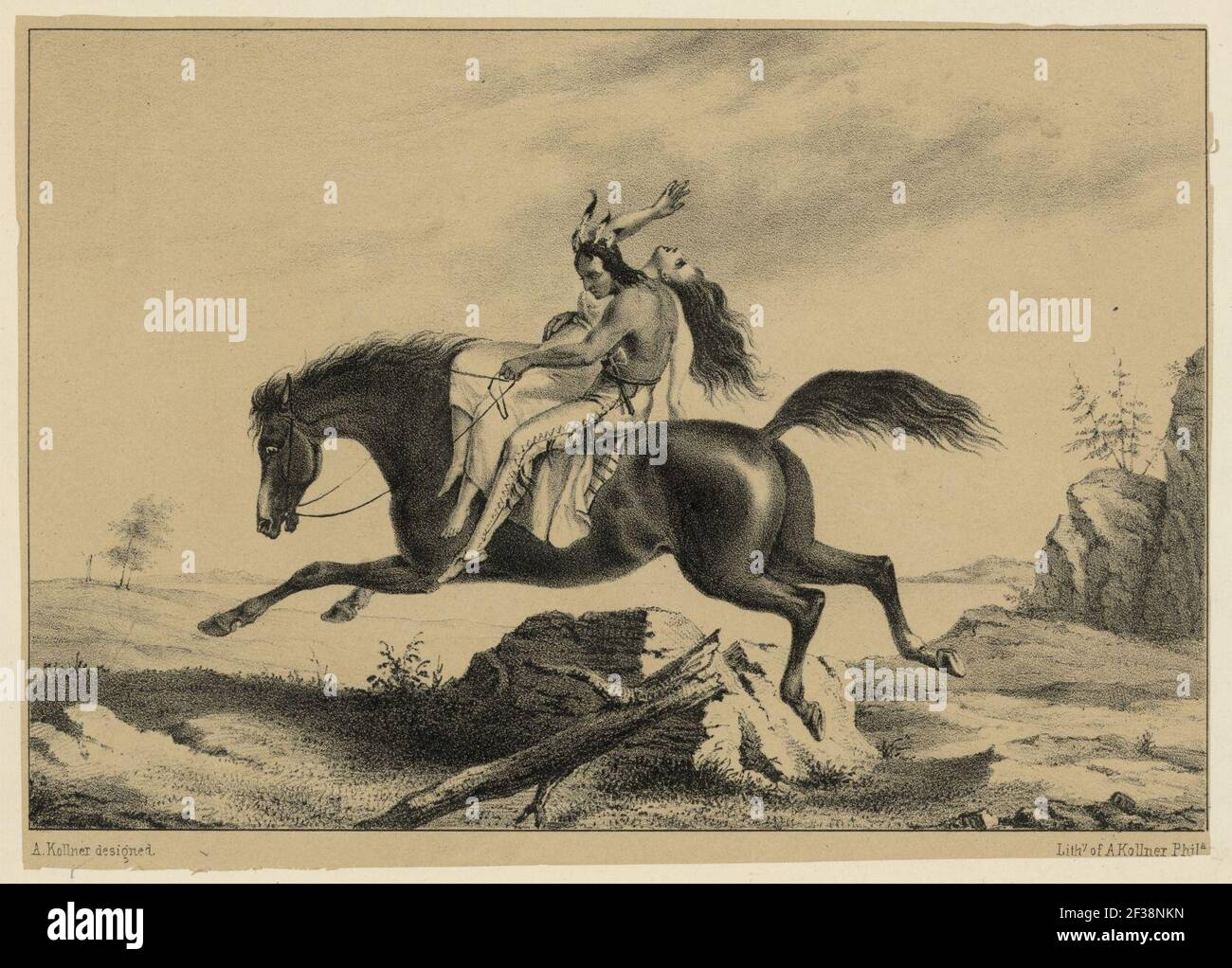 Print speciman of American Indian man on horseback with struggling ...