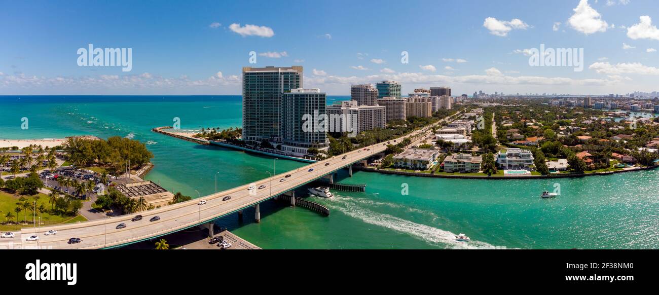 Aerial panorama Miami Beach Haulover Bal Harbour inlet bridge over ...