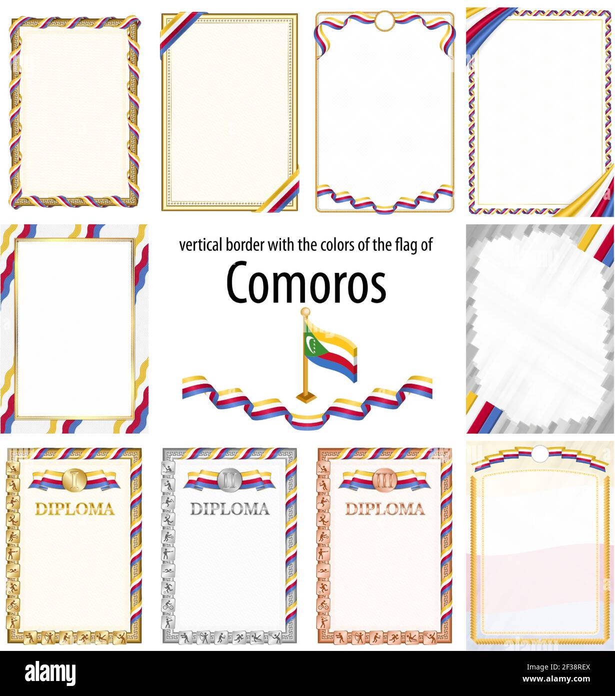 Set of vertical frames and borders in the colors of the flag of Comoros ...