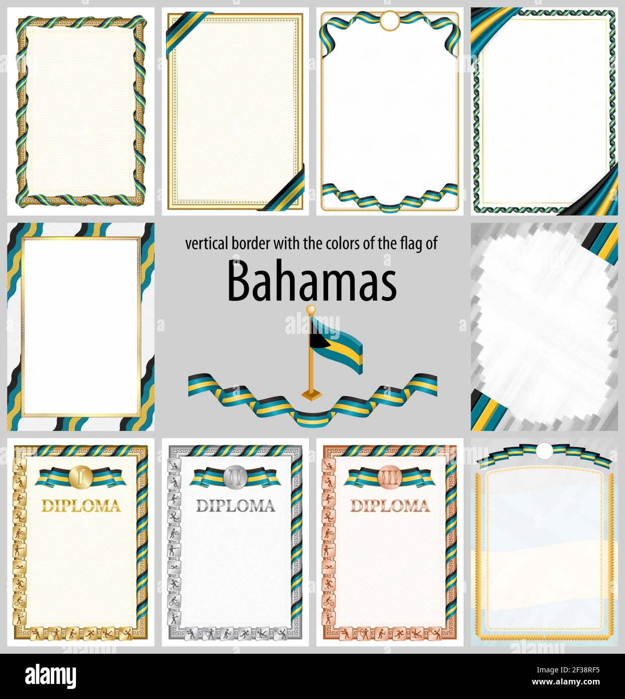 Set of vertical frames and borders in the colors of the flag of Bahamas ...