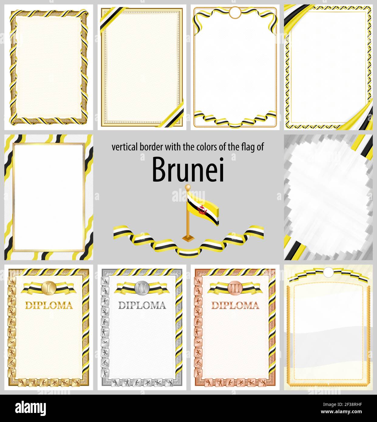 Set of vertical frames and borders in the colors of the flag of Brunei ...