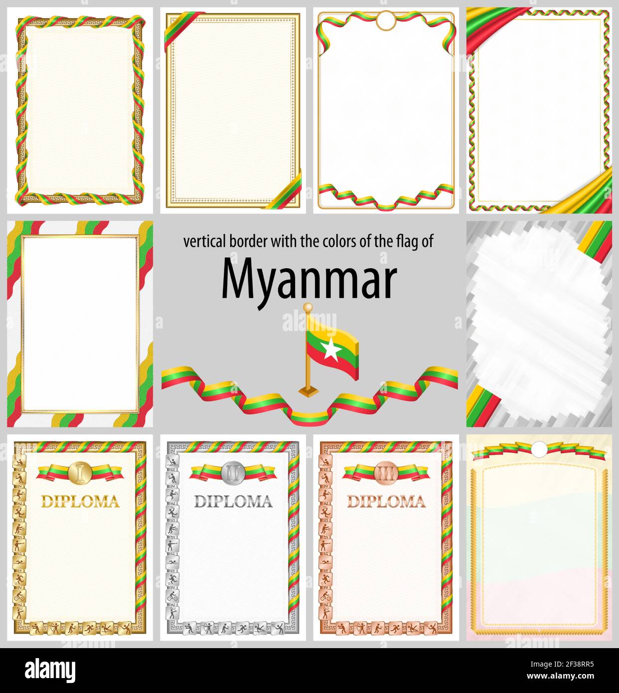 Set of vertical frames and borders in the colors of the flag of Myanmar ...