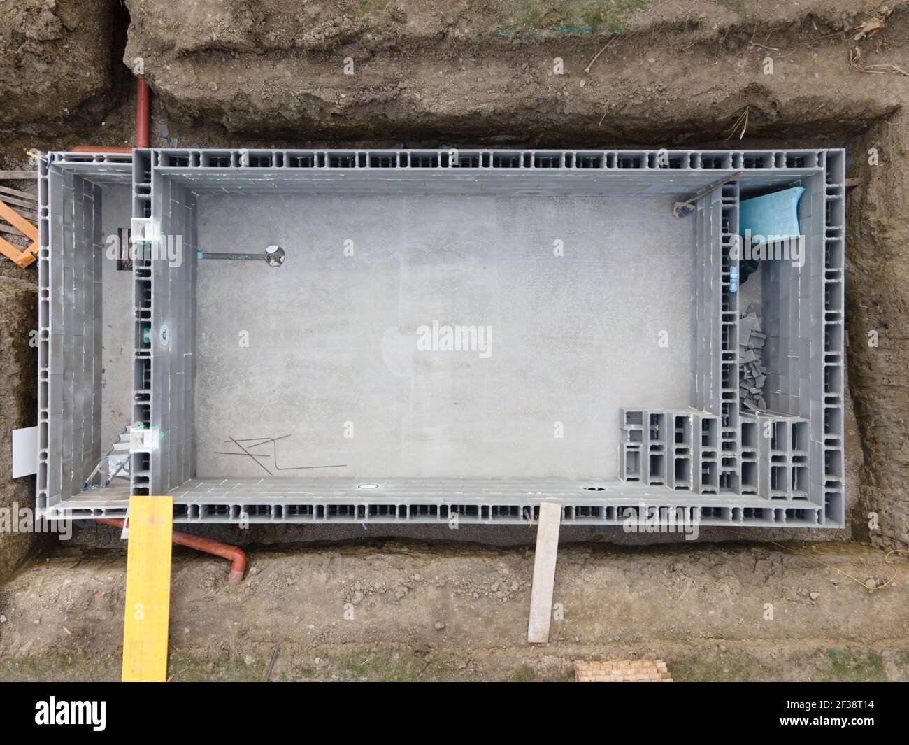 Drones aerial photo of a construction site of a pool, formwork concrete ...