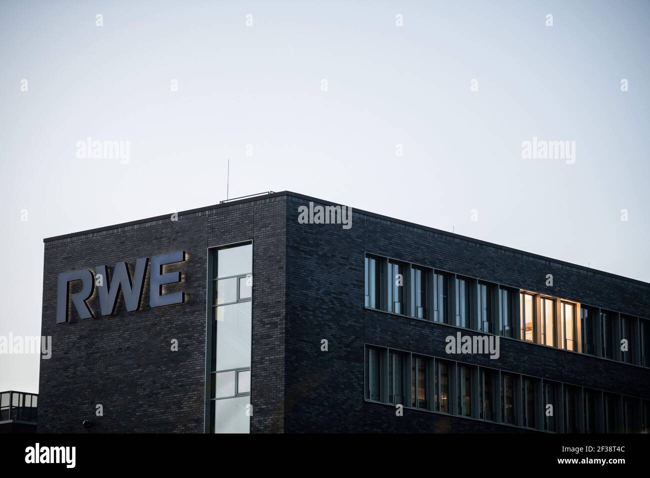 Essen, Germany. 15th Mar, 2021. The RWE logo can be seen on the façade ...