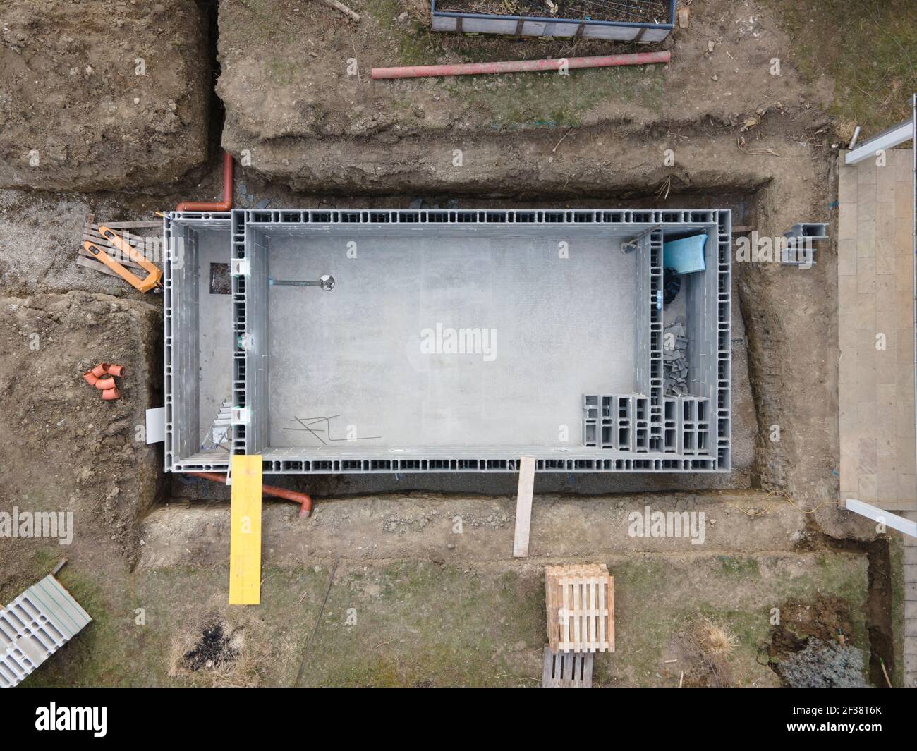 Drones aerial photo of a construction site of a pool, formwork concrete ...