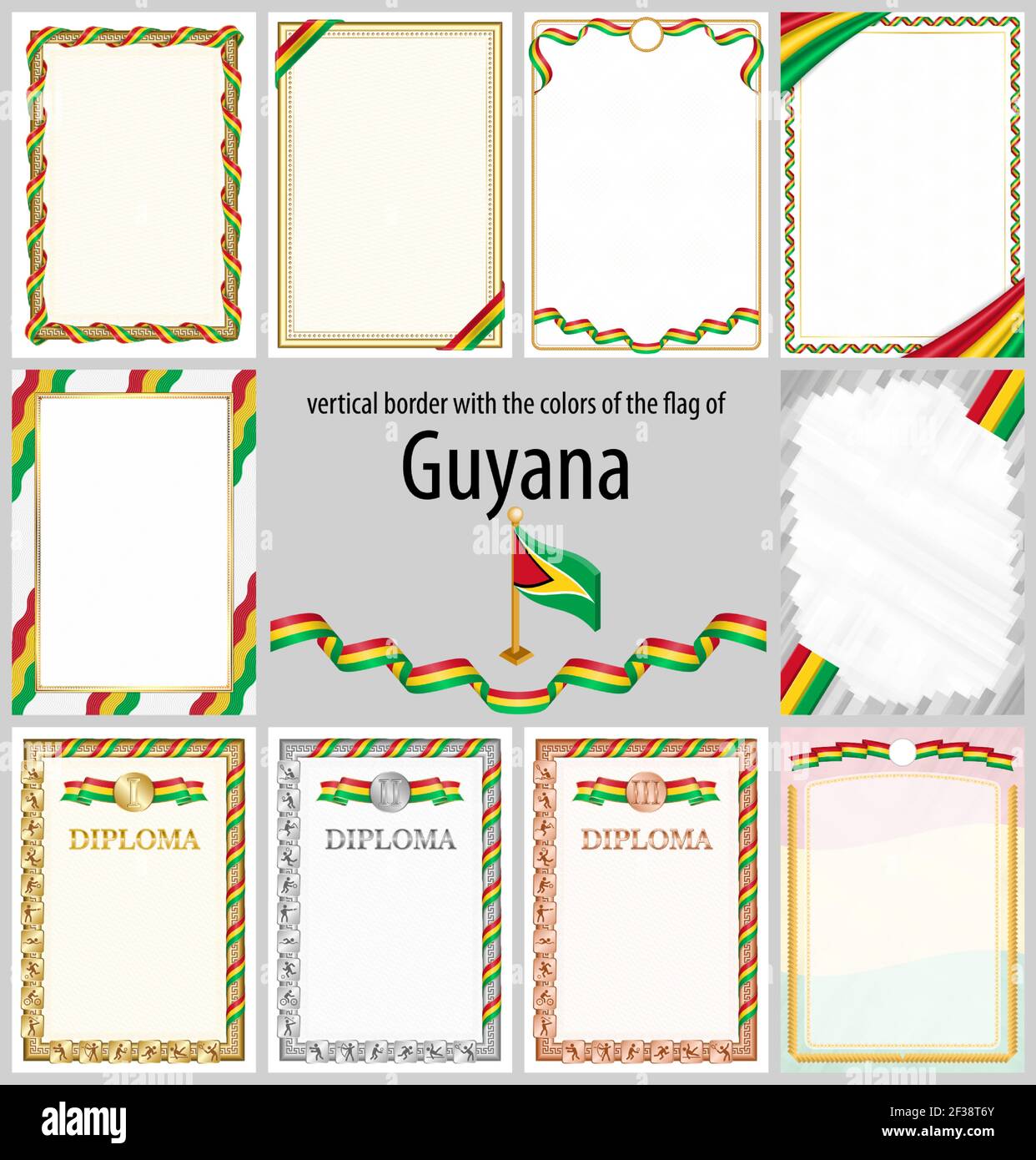 Set of vertical frames and borders in the colors of the flag of Guyana, template elements for ...