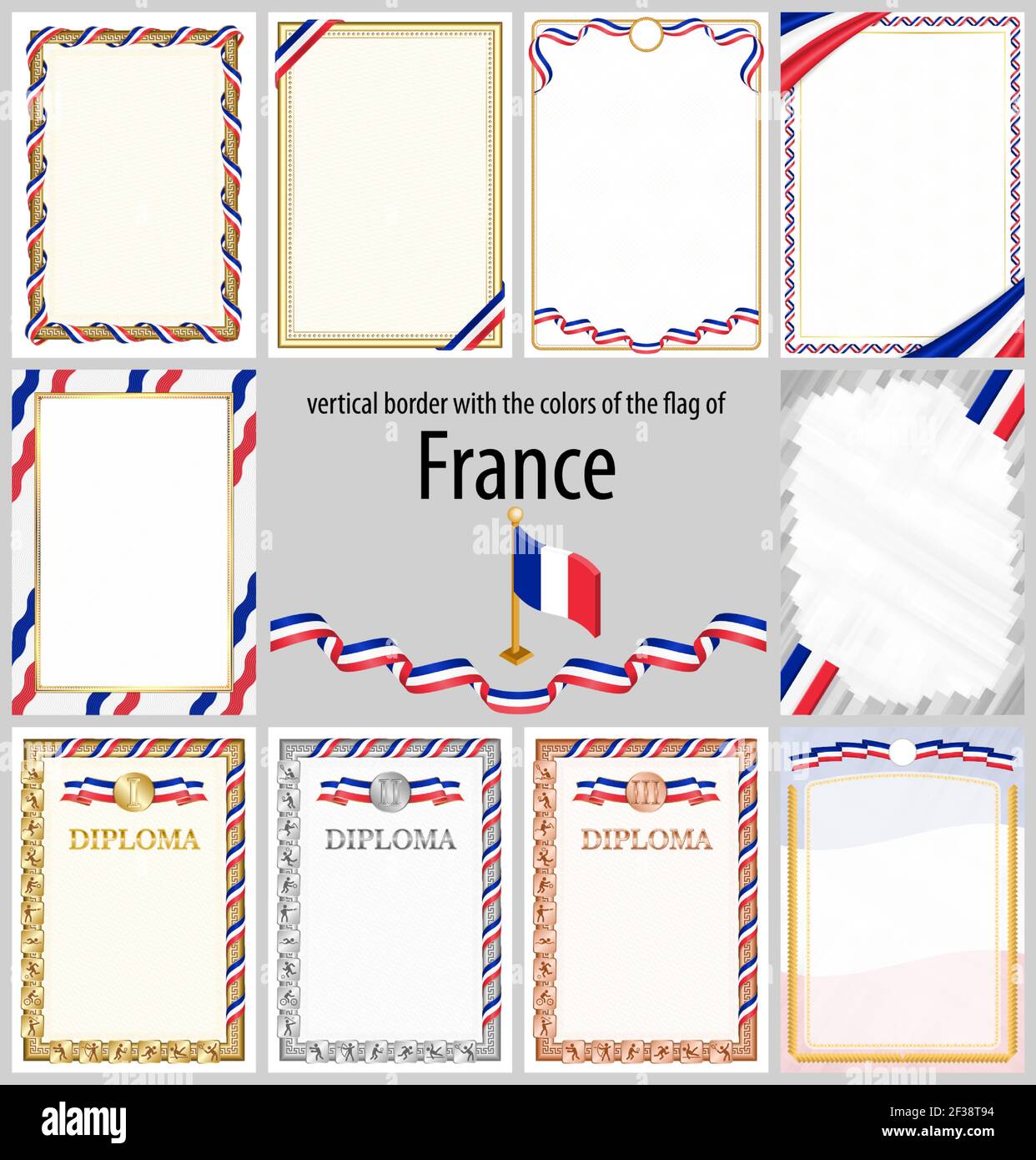 Set of vertical frames and borders in the colors of the flag of France ...