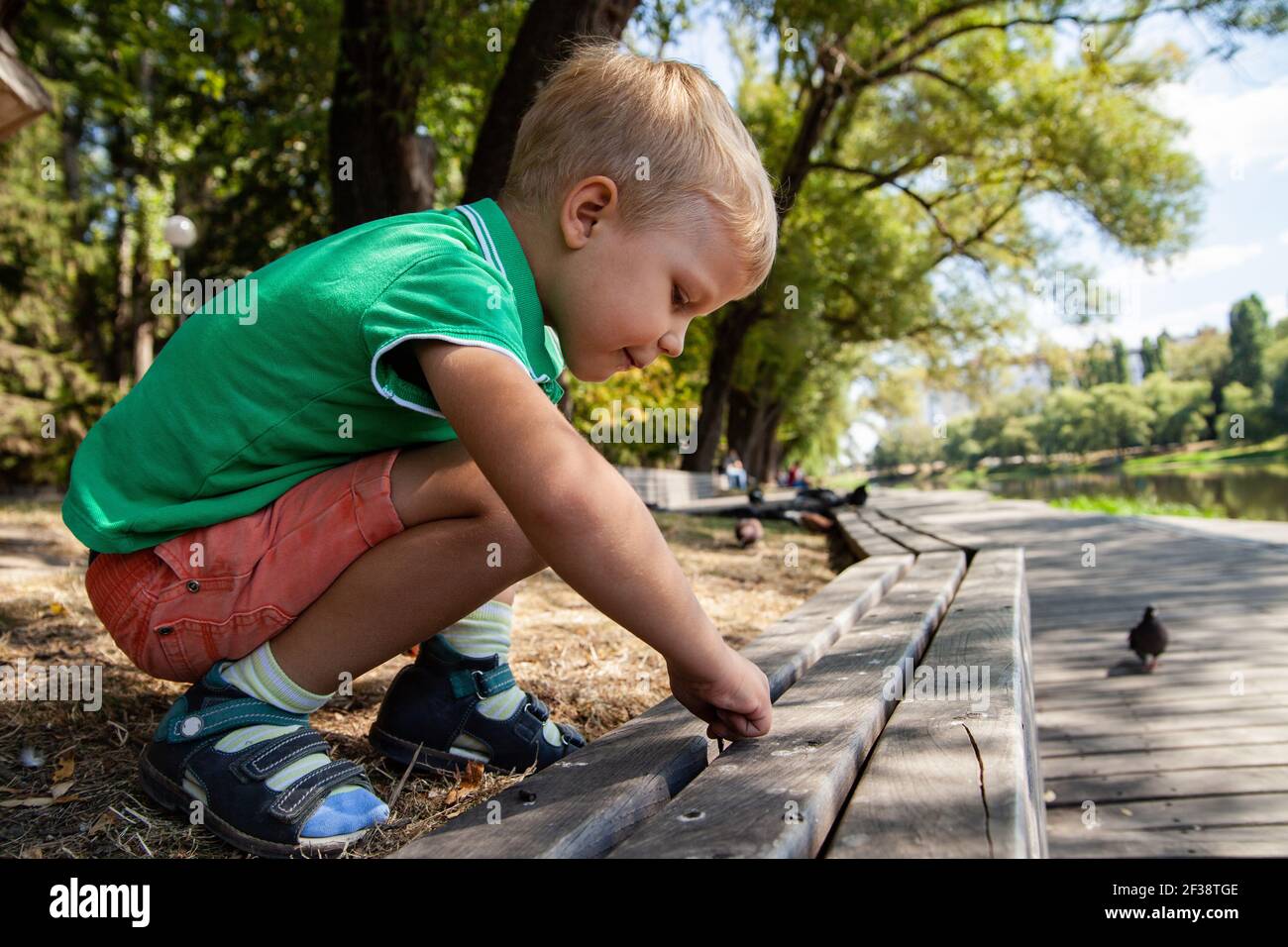 Cute child crawling on bench in park Stock Photo - Alamy