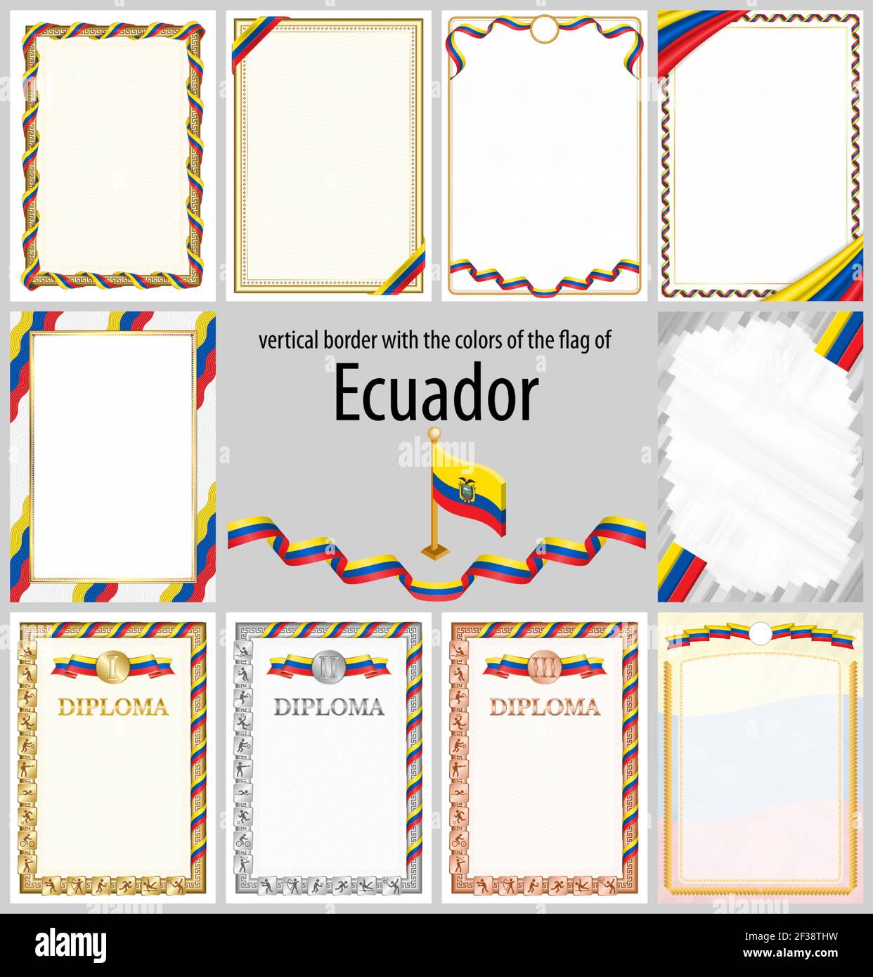 Set of vertical frames and borders in the colors of the flag of Ecuador ...
