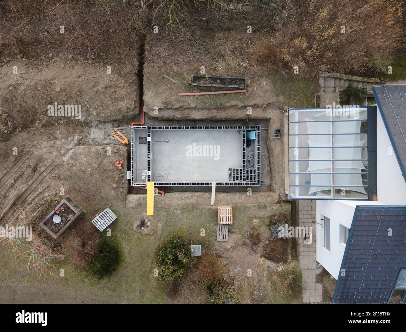 Drones aerial photo of a construction site of a pool, formwork concrete ...