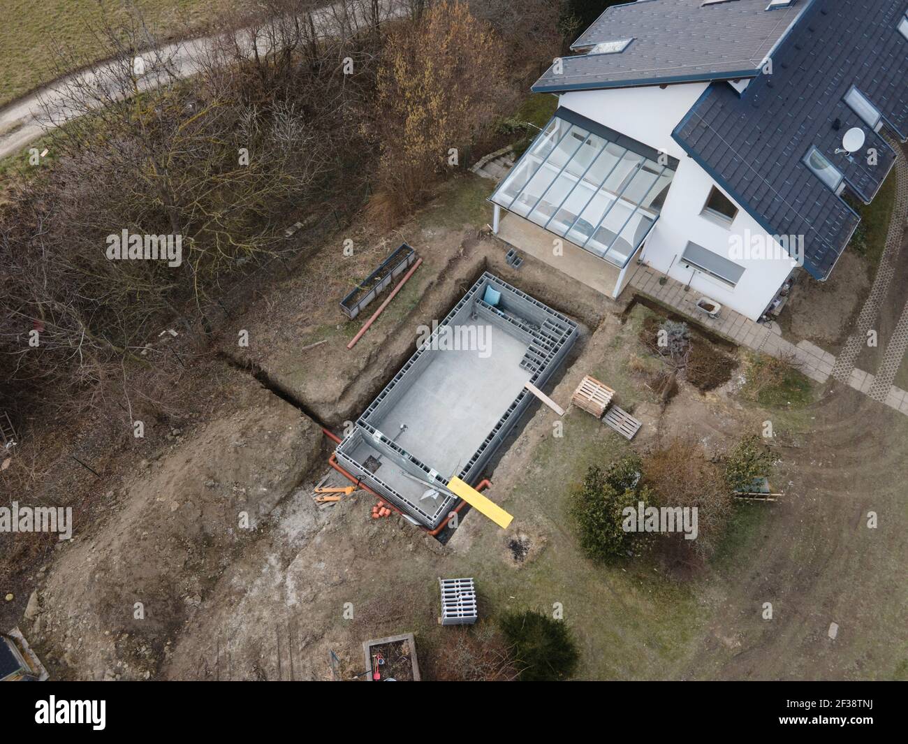 Drones aerial photo of a construction site of a pool, formwork concrete ...