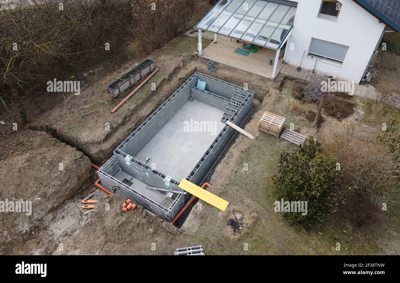 Drones aerial photo of a construction site of a pool, formwork concrete ...