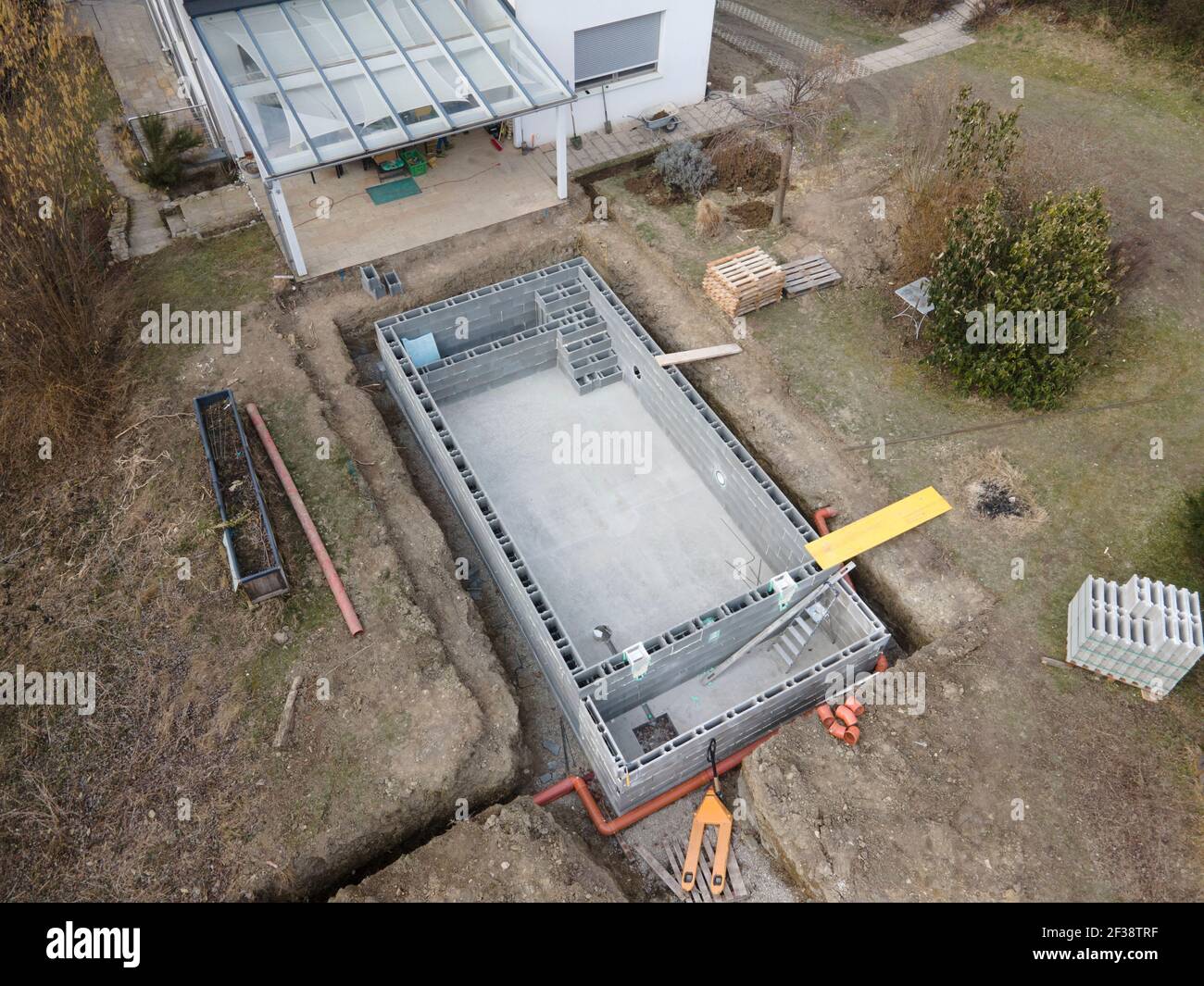 Drones aerial photo of a construction site of a pool, formwork concrete ...