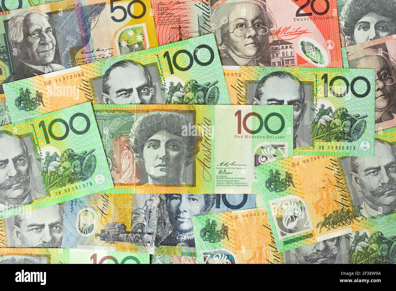 Various kinds of Australian dollar (AUD) banknotes - money background ...