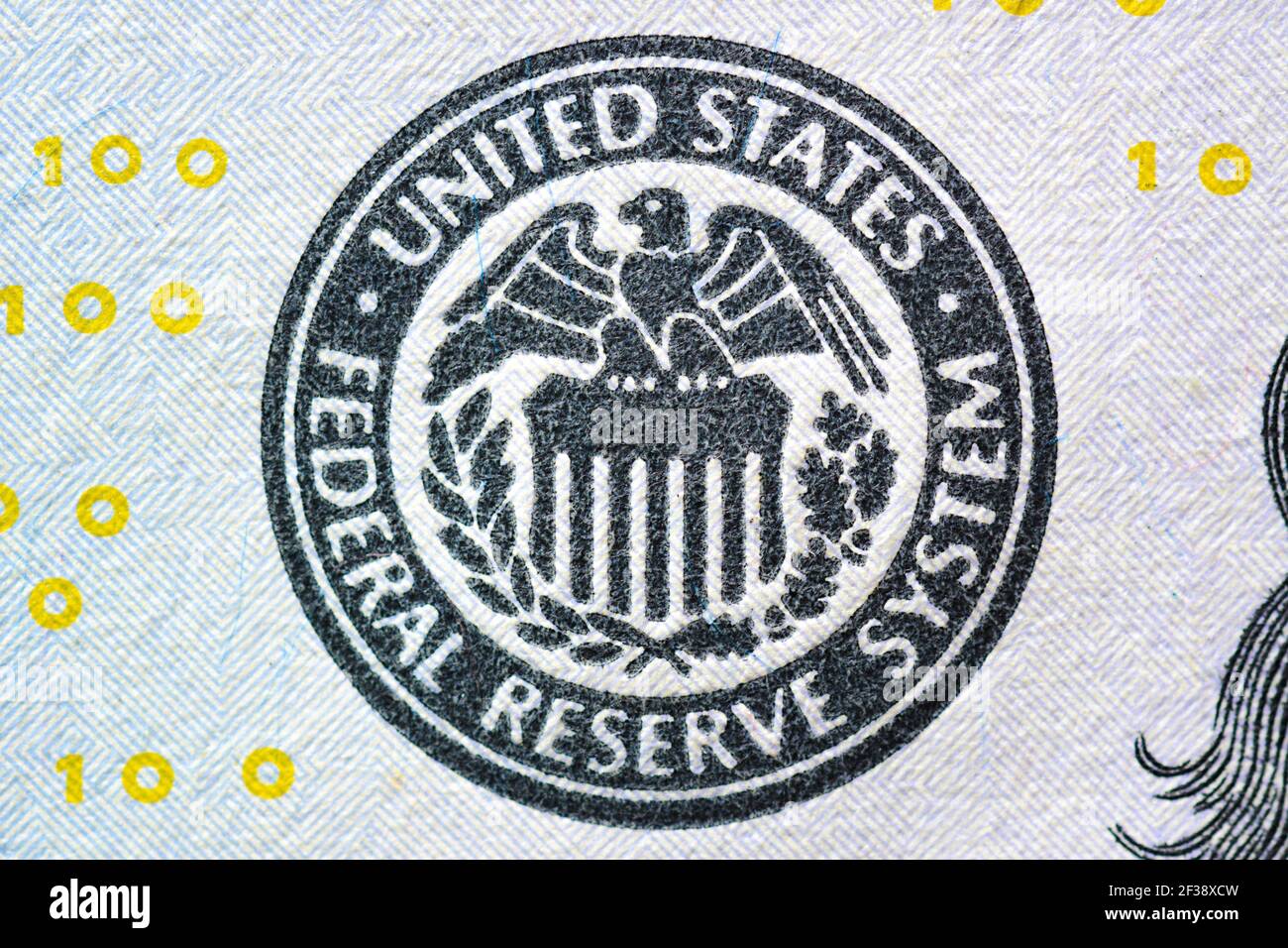 Close up of FEDERAL RESERVE SYSTEM seal on US dollar bill (banknote ...