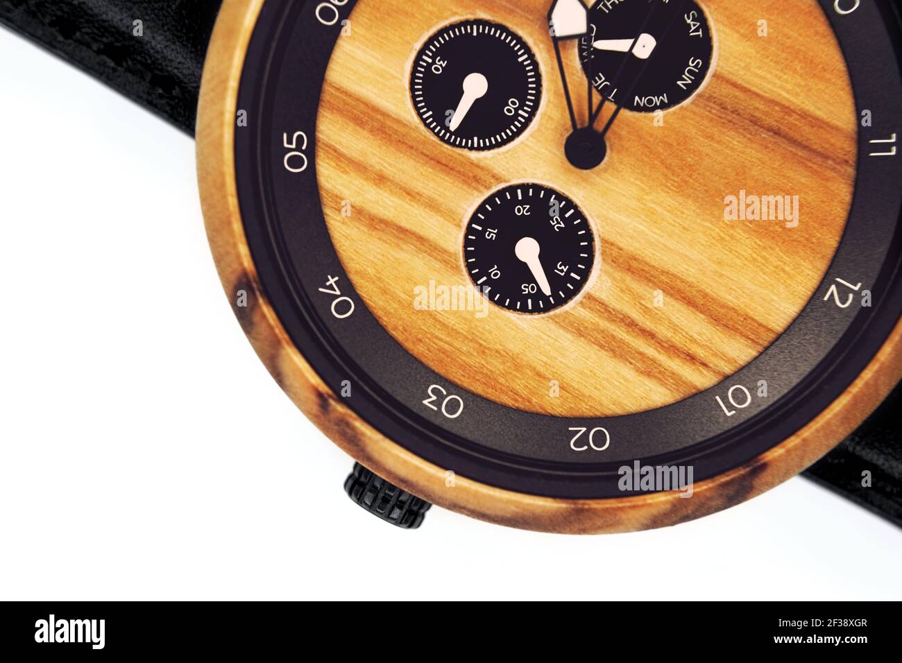 olive wood watch with leather strap on white background Stock Photo - Alamy