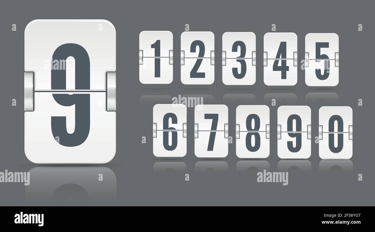 White flip mechanical score board numbers with reflections floating on ...
